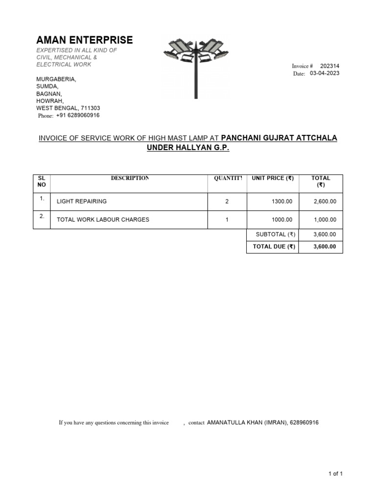 Invoice for High Mast Lamp Repair | PDF