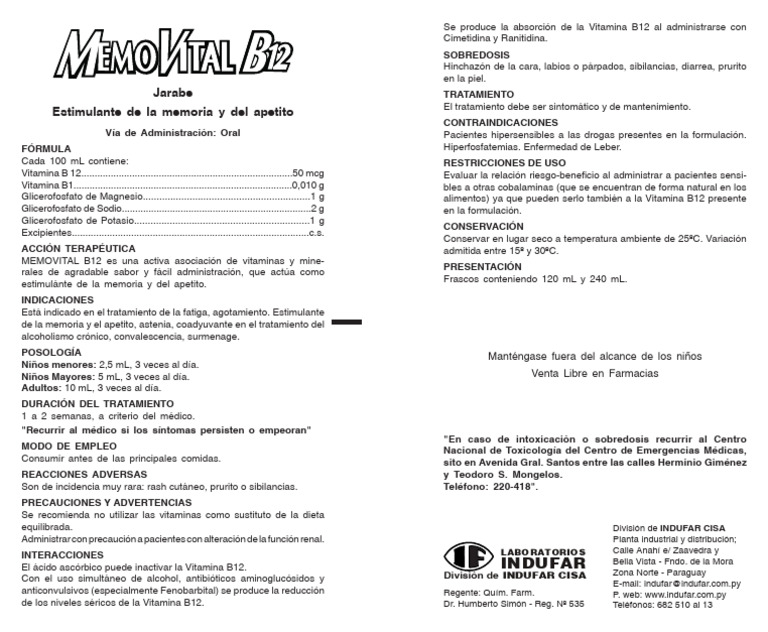 Estimulante de La Memoria y Del Apetito Jarabe: Indufar | PDF ...