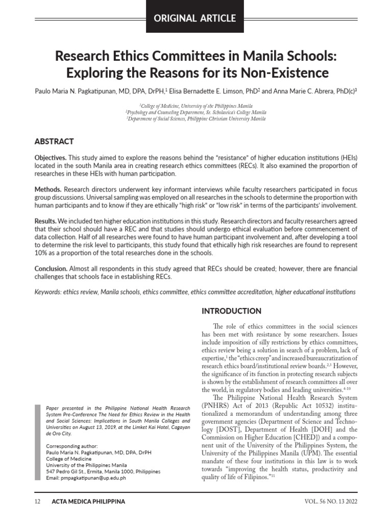 Research Ethics Committees in Manila: Reason For Its Non-Existence | PDF | Institutional Review ...