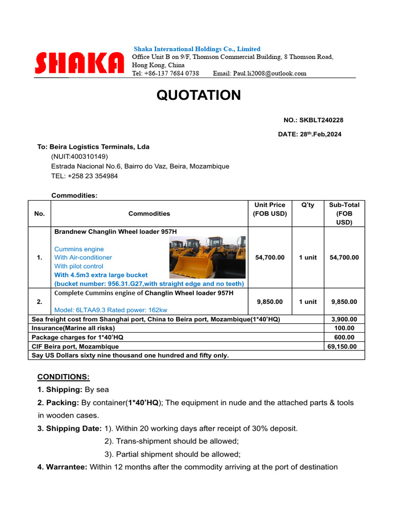 Quotation For Changlin Wheel Loader 957H | PDF | Economies | Business