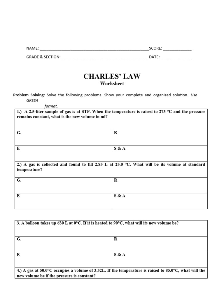 Charles' Law Student Worksheet | PDF