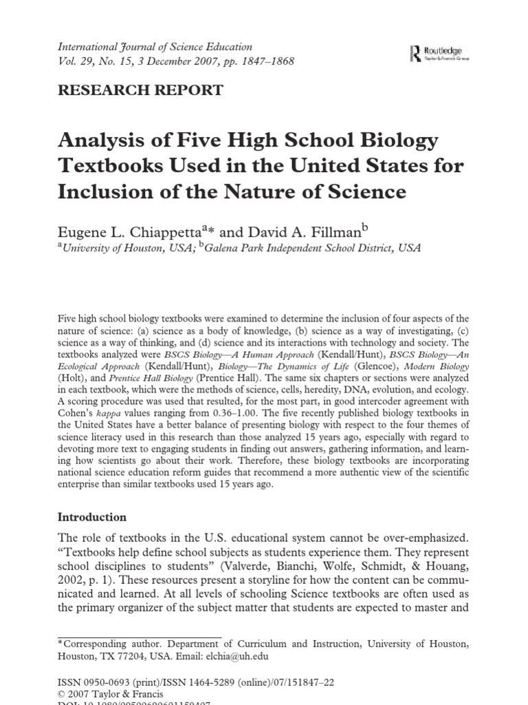 Analysis of Five High School Biology Textbooks Used in The United ...