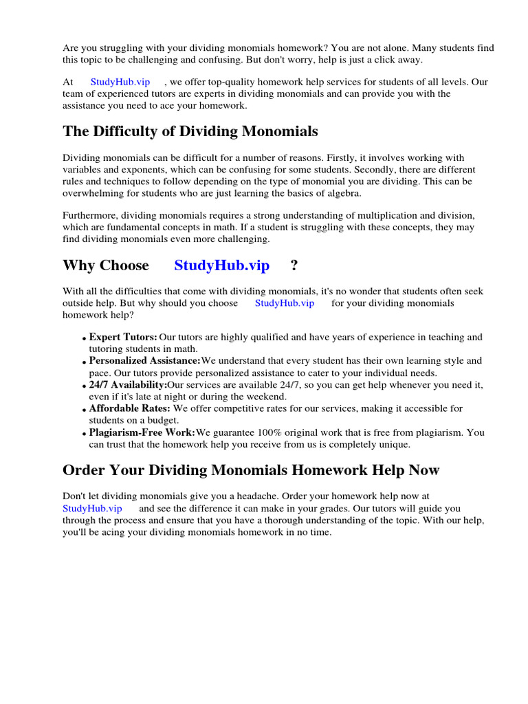 Dividing Monomials Homework Help | PDF | Division (Mathematics ...