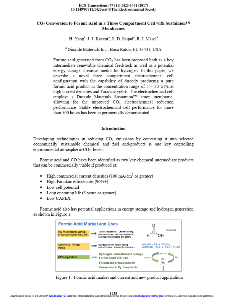 CO Conversion To Formic Acid in A Three Compartment Cell With ...