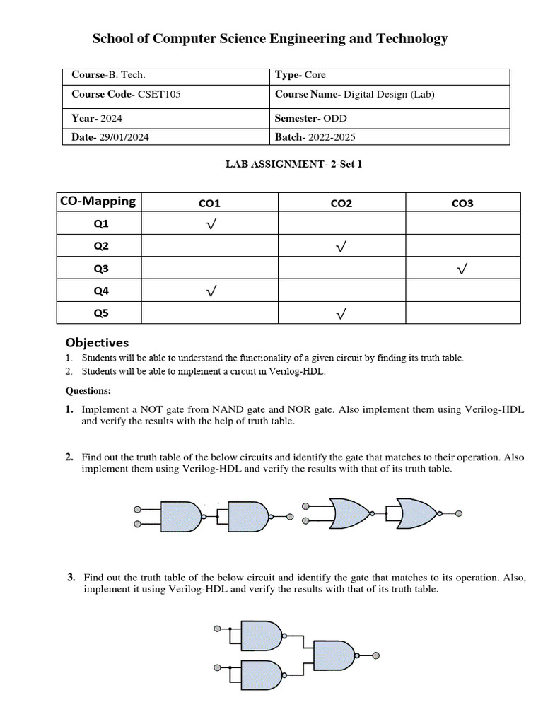2024 CSET105 Digital Design Lab1 SET-1 Monday | PDF | Computer Science | Computer Engineering