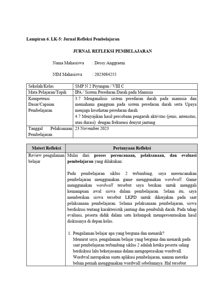 Lampiran 6. LK-5 Siklus 2 - Jurnal Refleksi Pembelajaran | PDF | Karier & Perkembangan