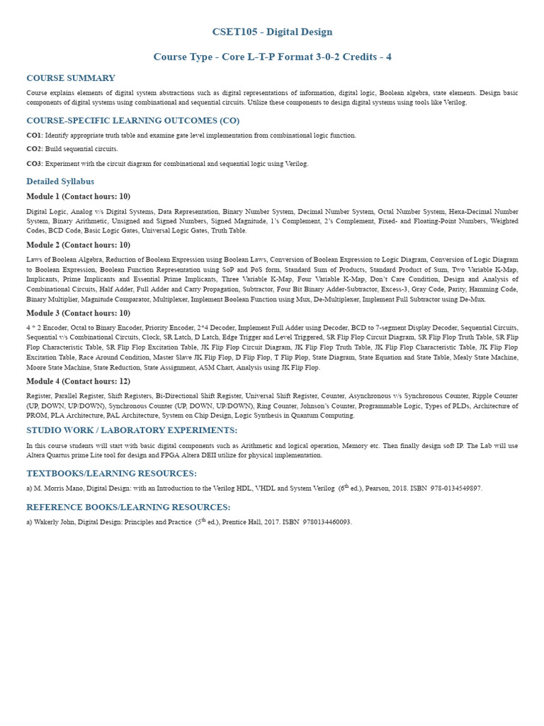 Digital Design Syllabus 1 | PDF | Boolean Algebra | Teaching Mathematics