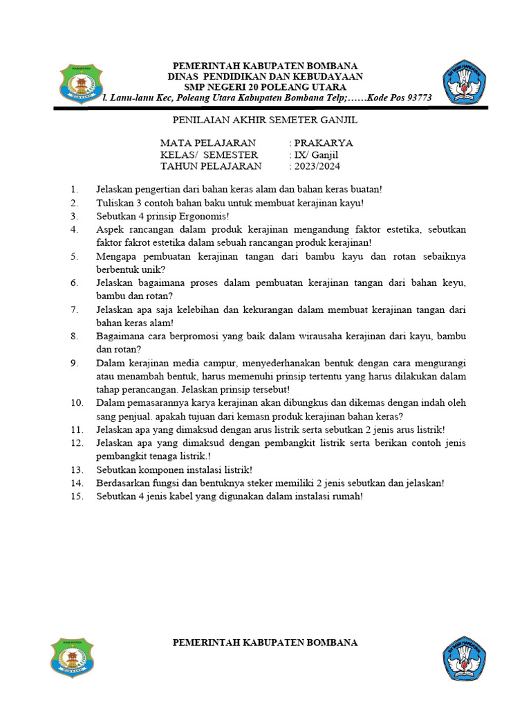 Irnha Soal Ulangan Semester Ganjil 1 Tapel 2023 2024 | PDF | Kajian Bahasa Asing | Griya & Taman