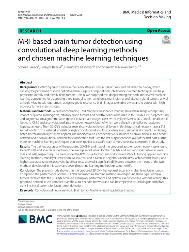 MRI-based Brain Tumor Detection Using Convolutional Deep Learning Methods and Chosen Machine ...