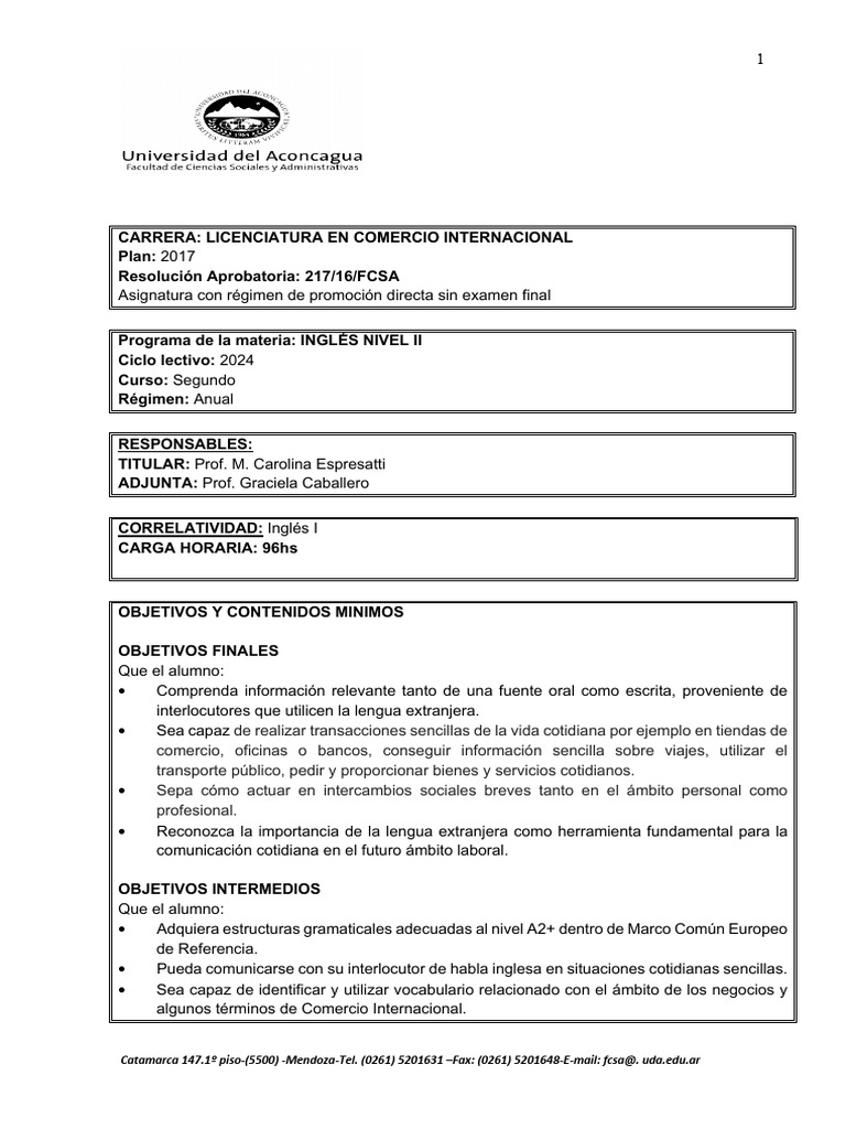 Programa Ingles II Comercio Int - Version Actualizada Marzo 2024 | PDF