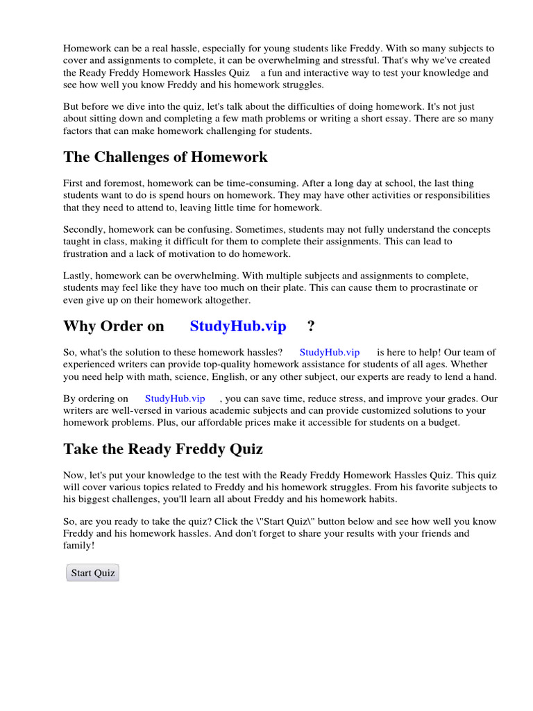 Ready Freddy Homework Hassles Quiz | Download Free PDF | Homework ...
