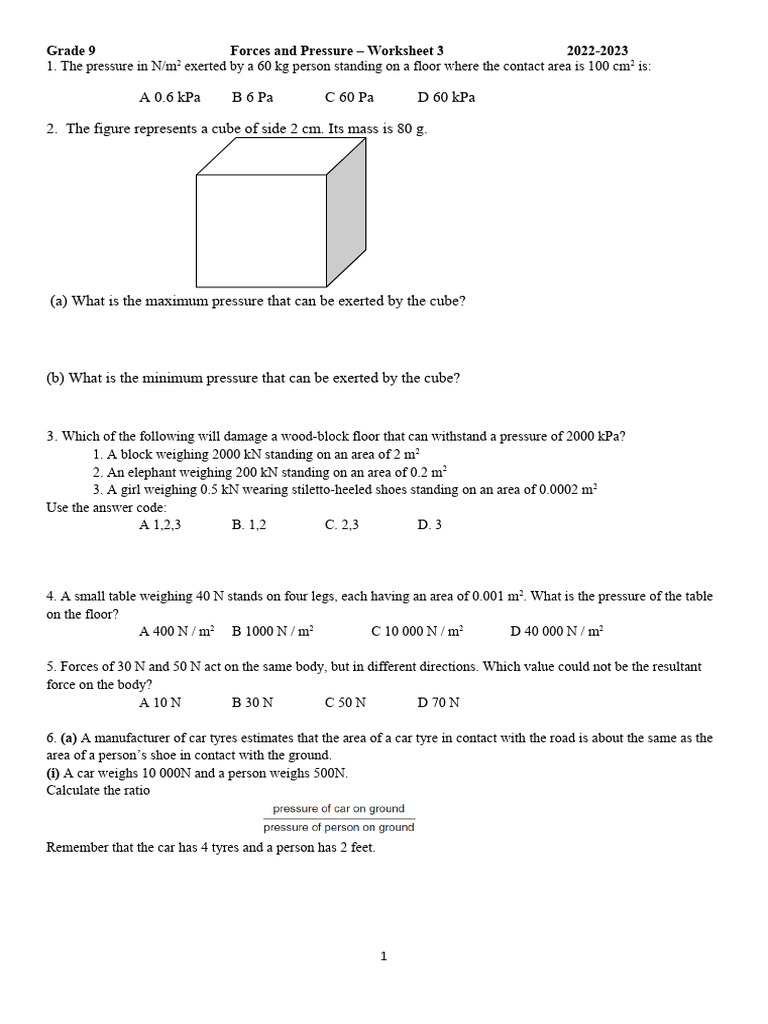 Grade 9 Forces and Pressure Worksheet 3 | PDF | Pressure | Water
