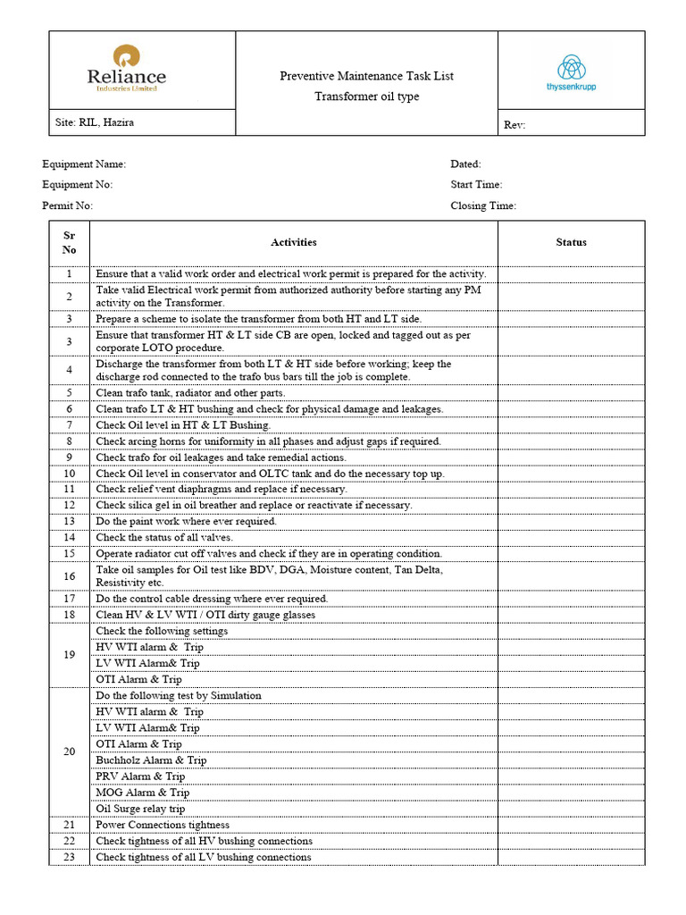Transformer Preventive Maintenance Checklist | PDF | Transformer ...