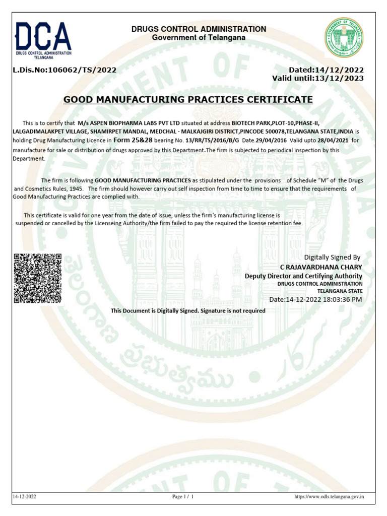 GMP and API Certificate | PDF