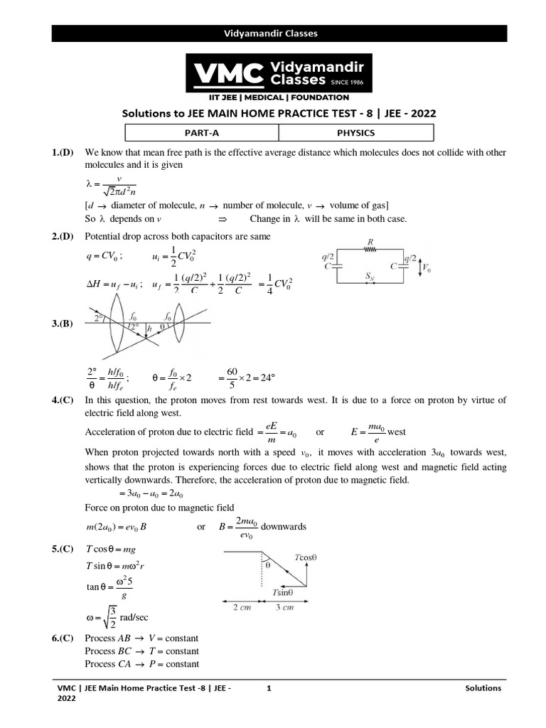 2022 Jee Main Home Practice Test 8 Solutions Vmclectures On