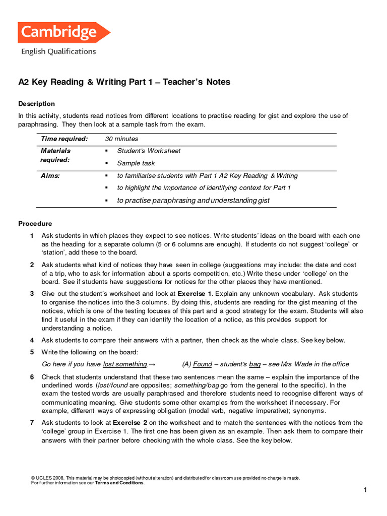 A2 Key Reading & Writing Part 1 | PDF | Human Communication | Learning