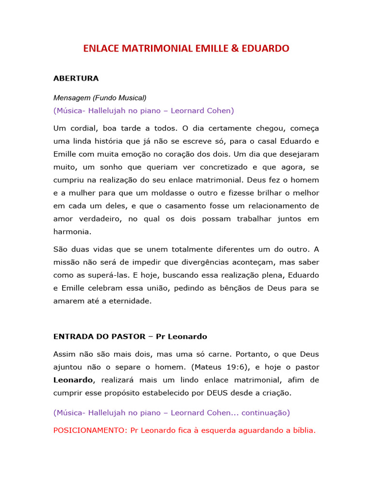 Roteiro do Casamento de Emille e Eduardo | PDF | Amor | Casamento