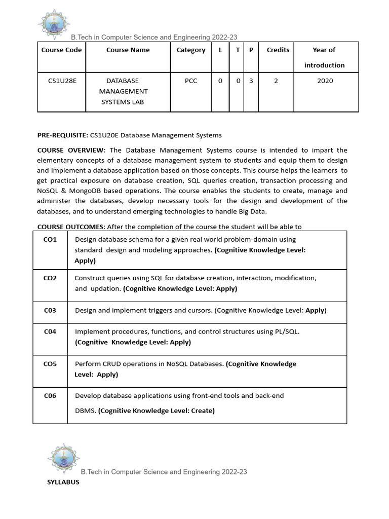 DBMS Lab Syllabus | PDF | Databases | Sql DBMS Lab Syllabus | PDF | Databases | Sql