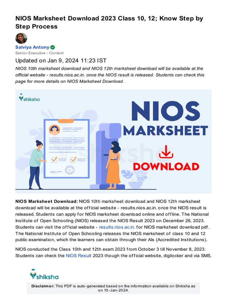NIOS Marksheet Download 2023 Class 10, 12 Know Step by Step Process | PDF
