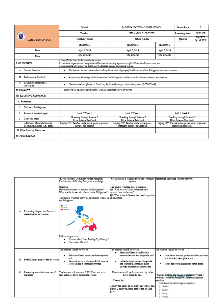 DLL Science 7 First Week 2 | Download Free PDF | Latitude | Longitude