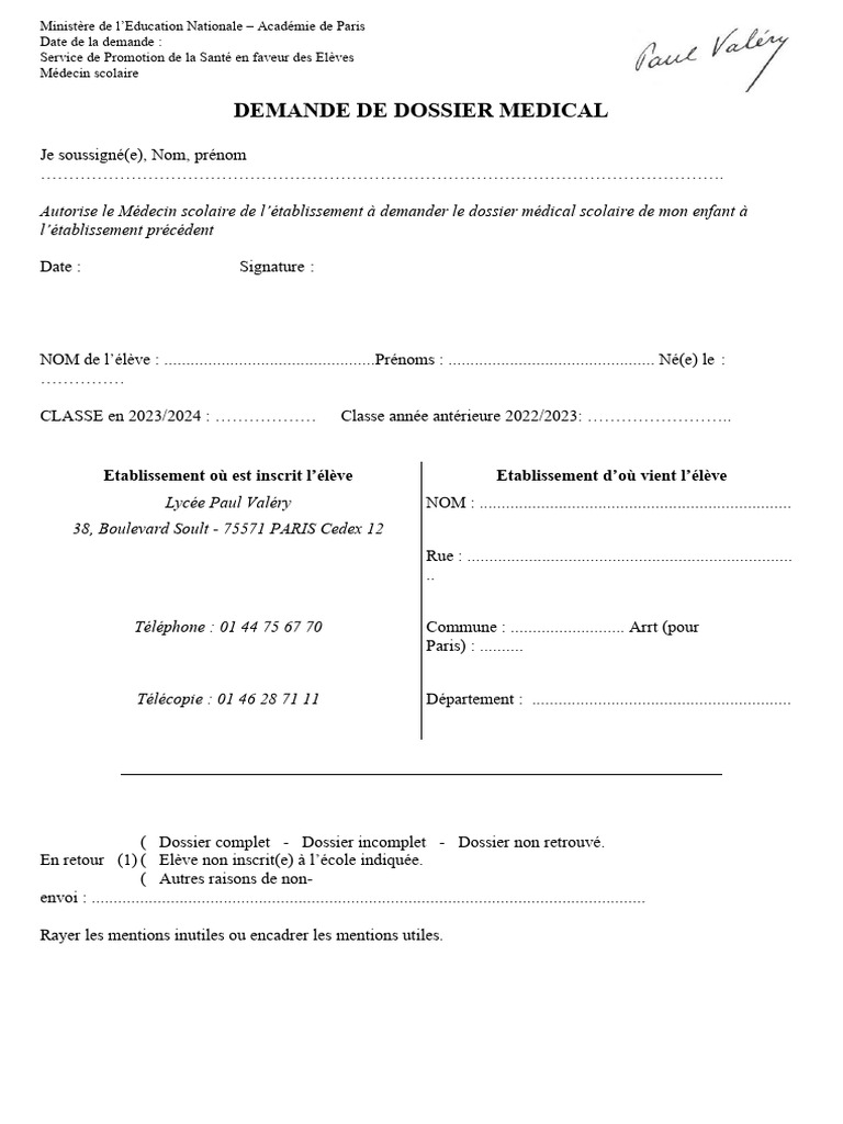 Demande de Dossier Médical Scolaire | PDF