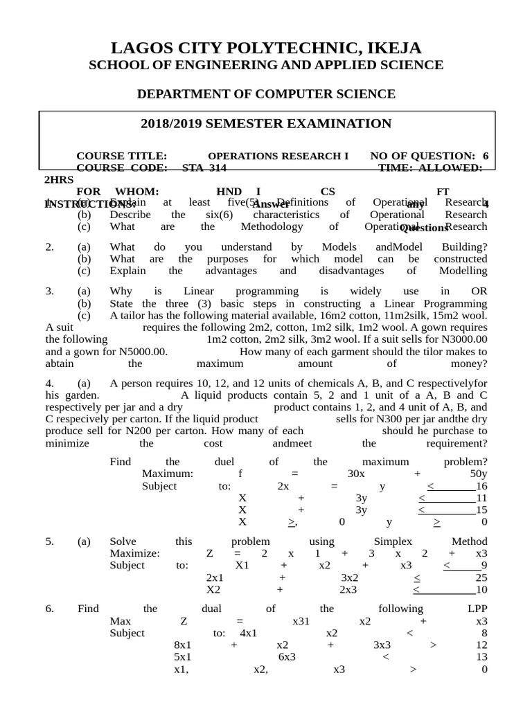 Operations Research 1 Sta 314 HND 1 | PDF | Applied Mathematics