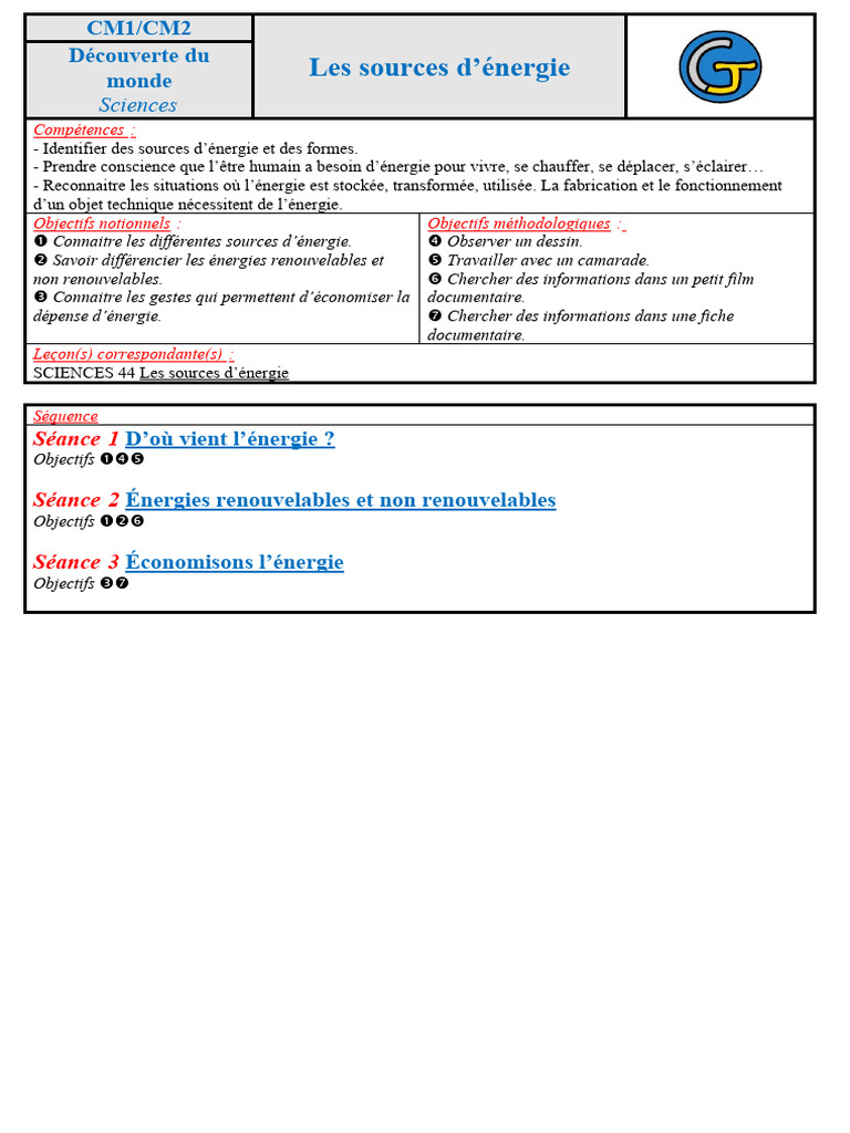 Énergies : Sources et Économies CM1/CM2 | PDF | Énergie renouvelable ...