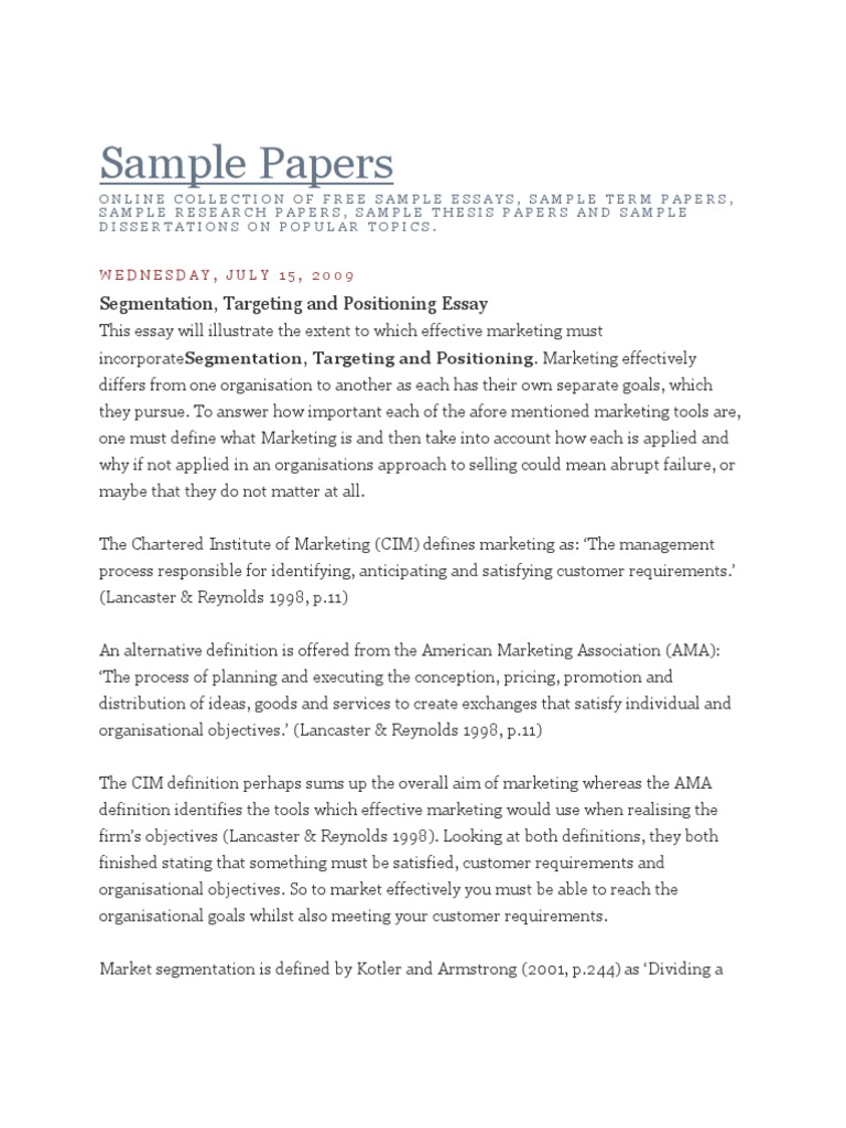 Sample Papers: Segmentation, Targeting and Positioning Essay | Download ...