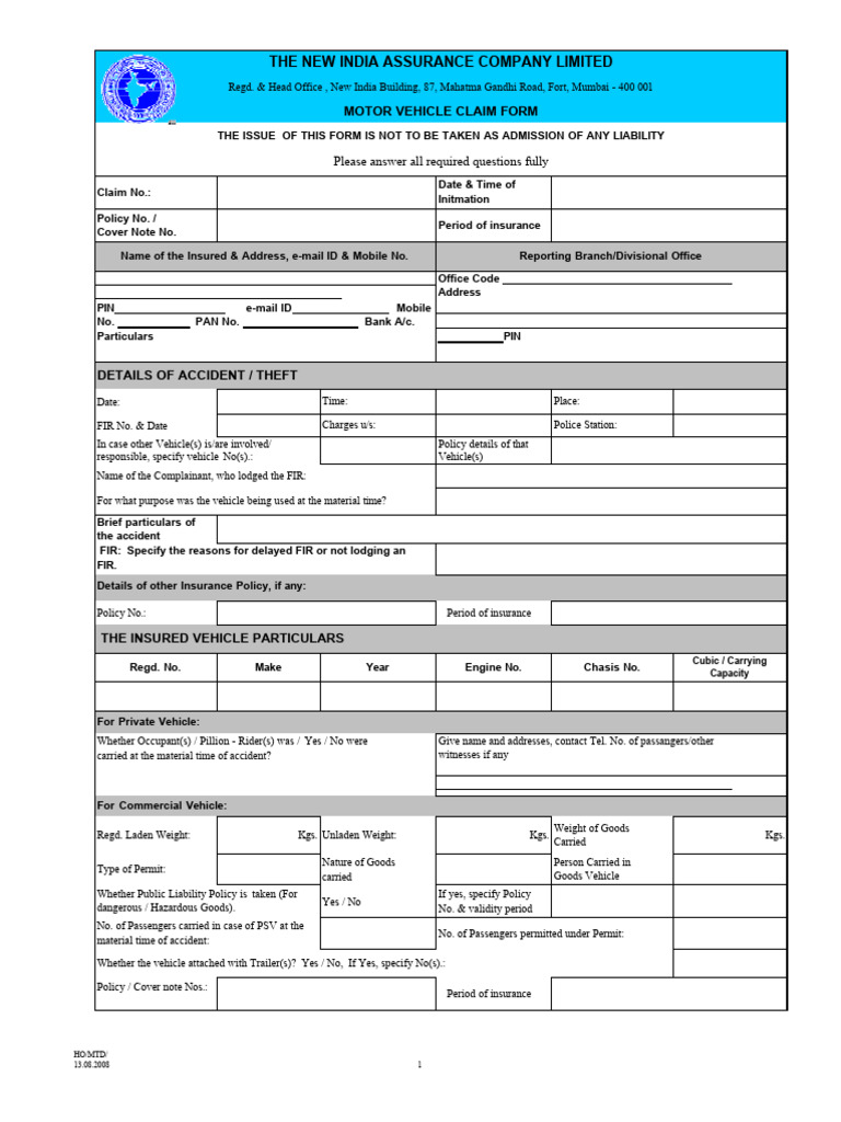 New India Claim Form 2 | PDF | Driver's License | Insurance
