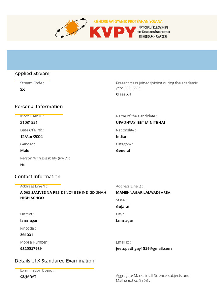 KVPY 2021 Form | PDF | Gujarat