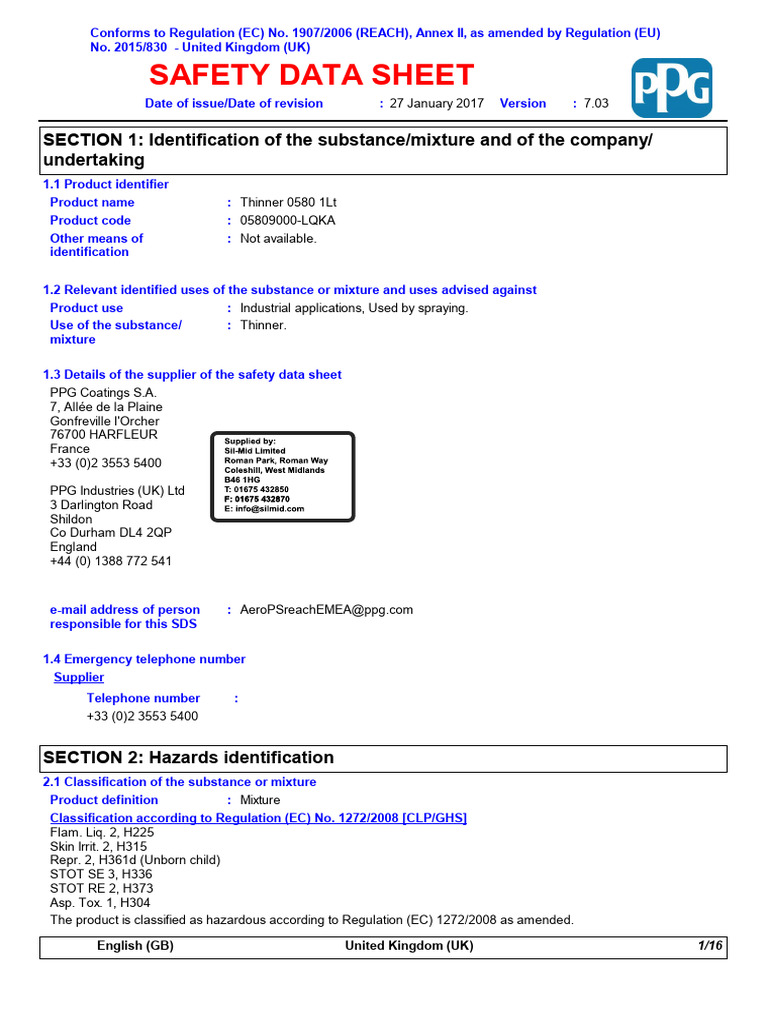 Thinner 0580 Safety Data Sheet | PDF | Personal Protective Equipment ...