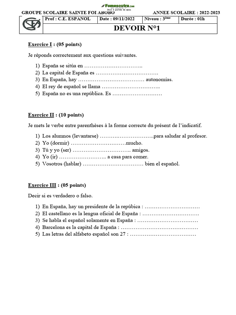 Devoir Espagnol 3 Pdf