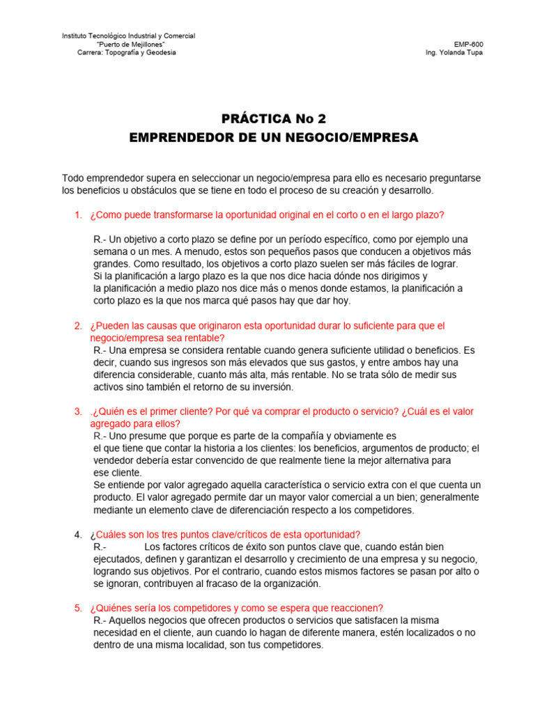 EMP 600 P2 Emprendedor Negocio Empresa | PDF | Business | Calidad ...