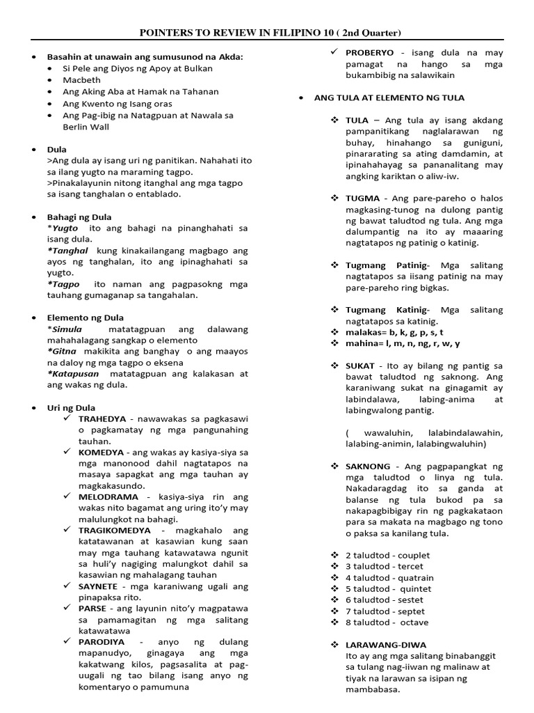 FILIPINO 10 Pointers To Review 2ND QT | PDF