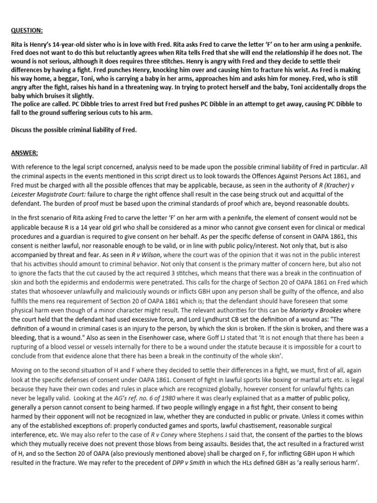 Fred's Criminal Liability Under OAPA 1861 | PDF | Common Law | Crimes