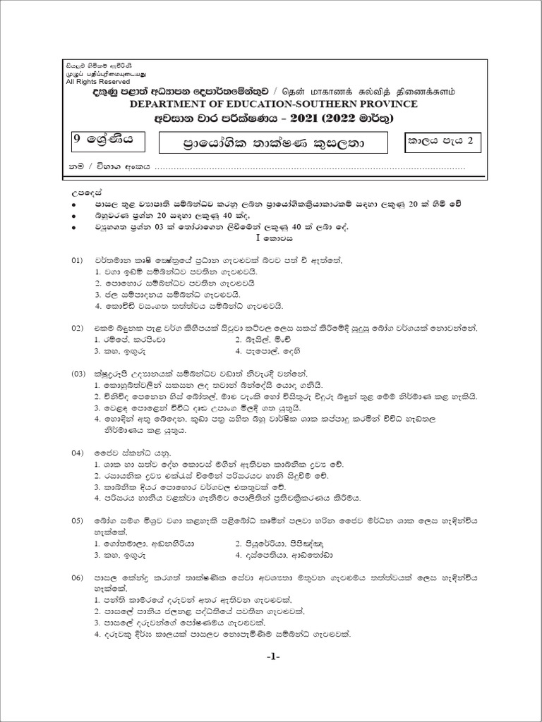 2021 Grade 09 PTS 3rd Term Test Paper Southern Province | PDF