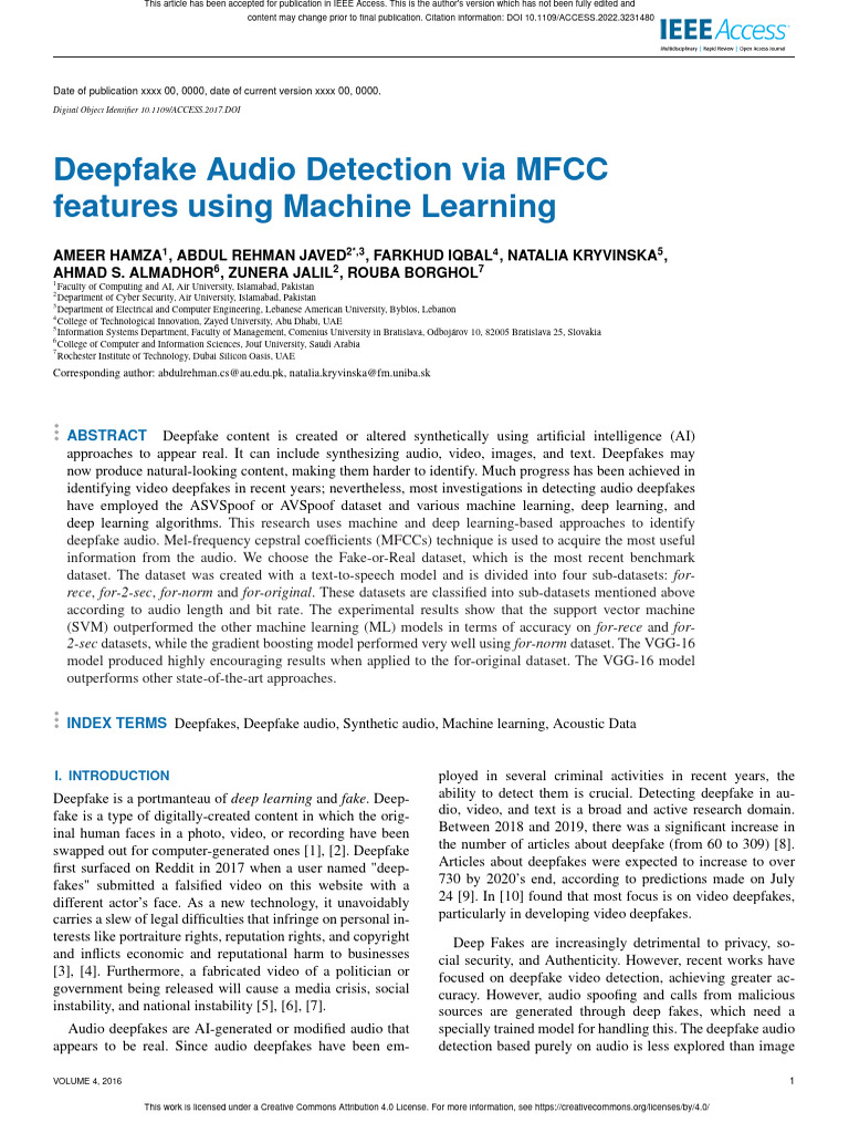 Deepfake Audio Detection Via MFCC Features Using M | PDF | Speech Synthesis | Support Vector Machine