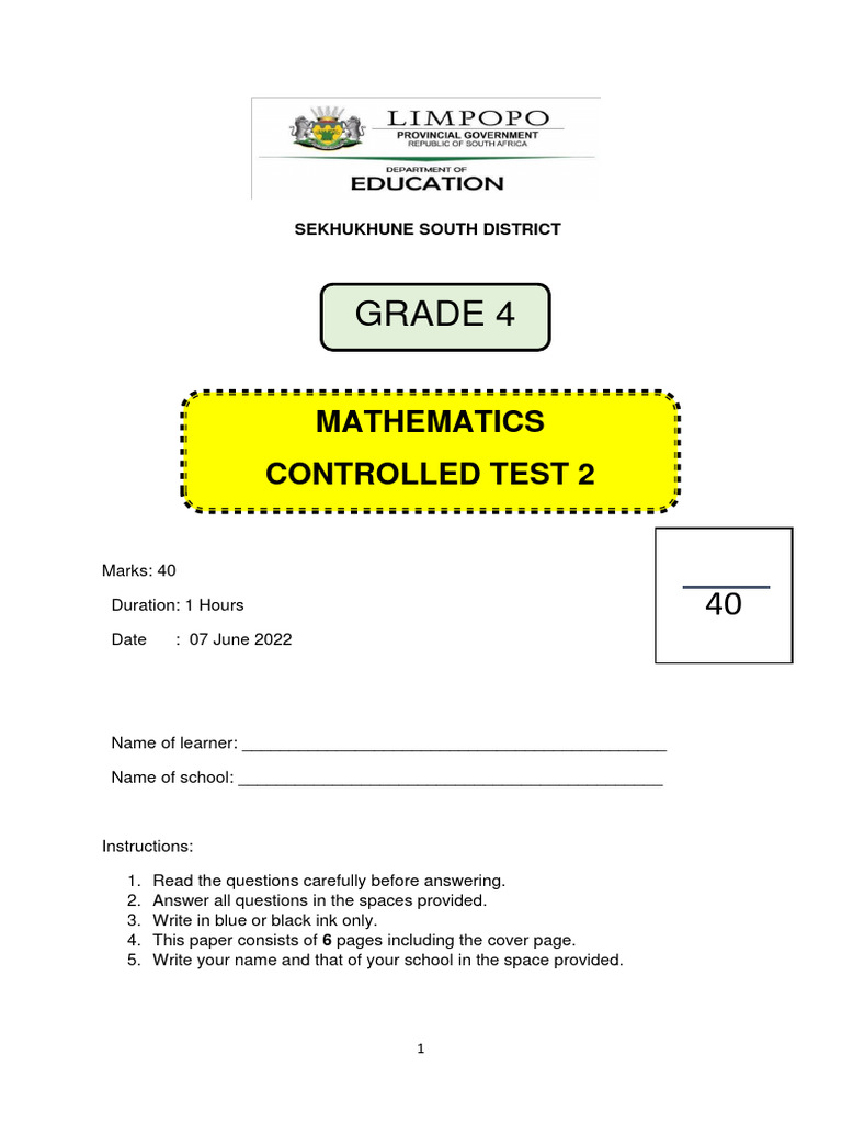 GR 4 Maths Test 2 | PDF | Mathematics