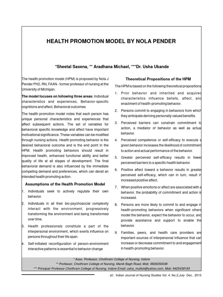 HEALTH PROMOTION MODEL BY NOLA PENDER TH | PDF | Behavior | Self Efficacy