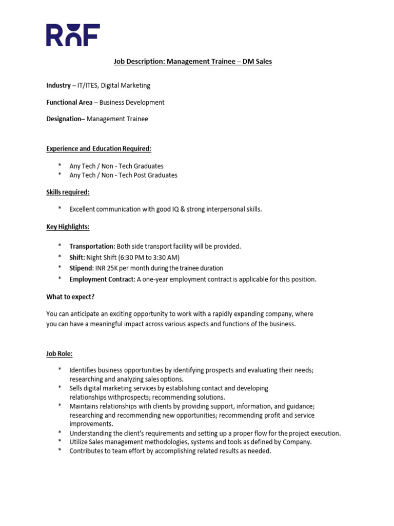 Management Trainee - DM Sales Role | PDF