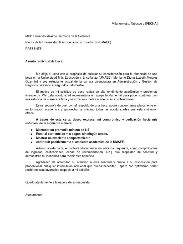 Carta de Solicitud de Beca | PDF