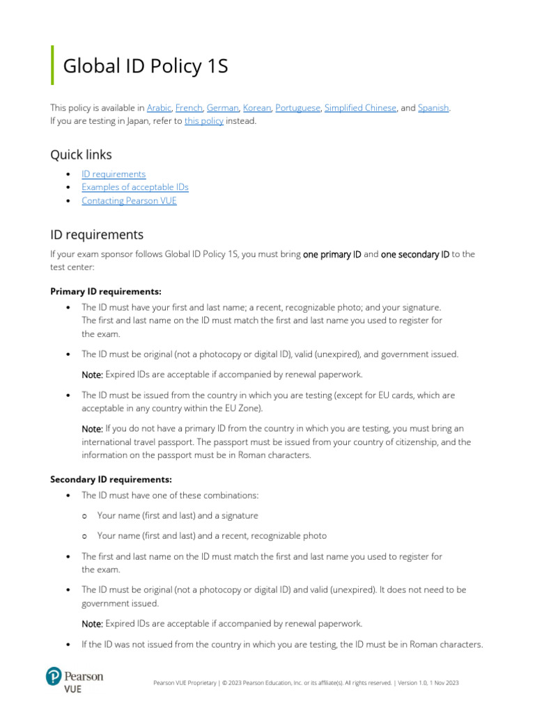 Pearson VUE ID Requirements Overview | PDF | Identity Document | Passport