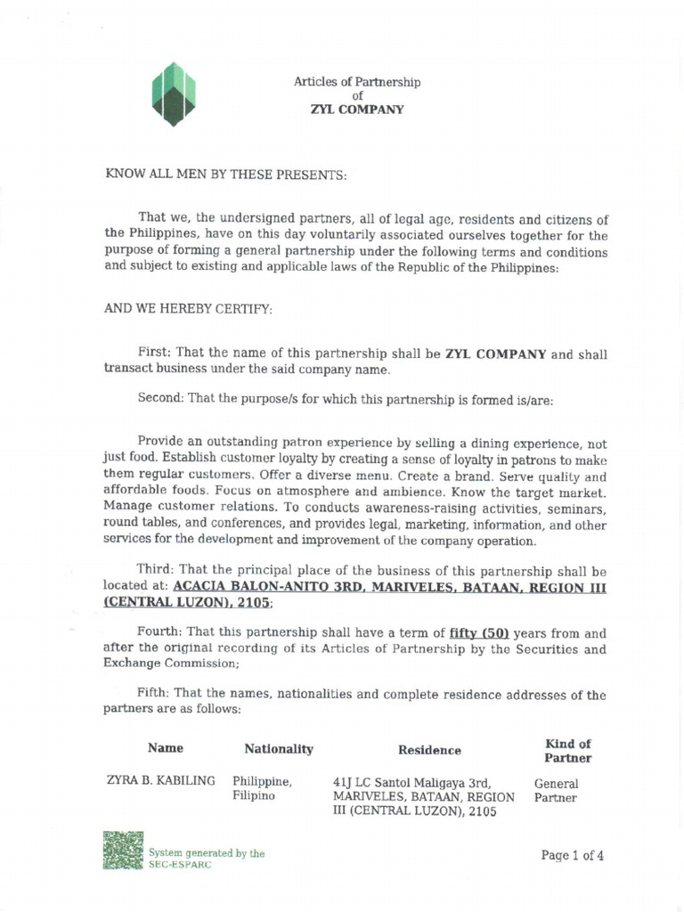 Articles of Partnership | PDF