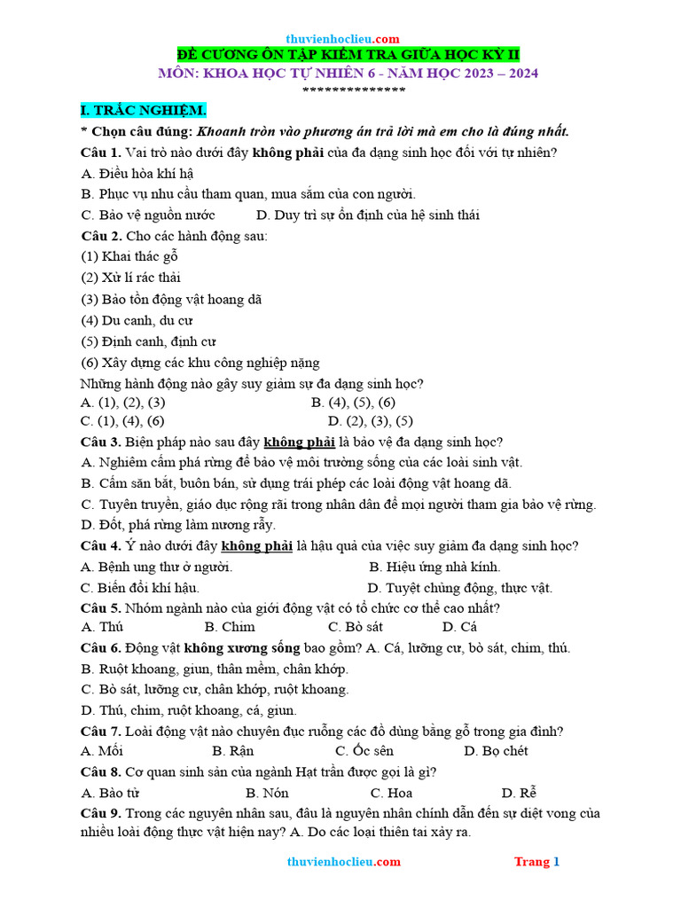 De Cuong On Tap Giua HK2 KHTN 6 Canh Dieu Nam 23 24 | PDF