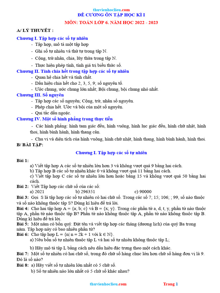 Thuvienhoclieu.com de Cuong on Tap HK1 Toan 6 KNTT Nam 2022 2023 | PDF