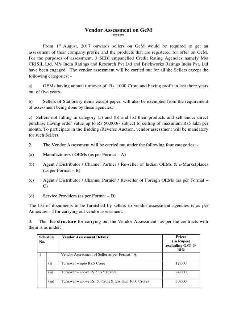 Vendor Assessment Guidelines for GeM | PDF | Sole Proprietorship | Banks