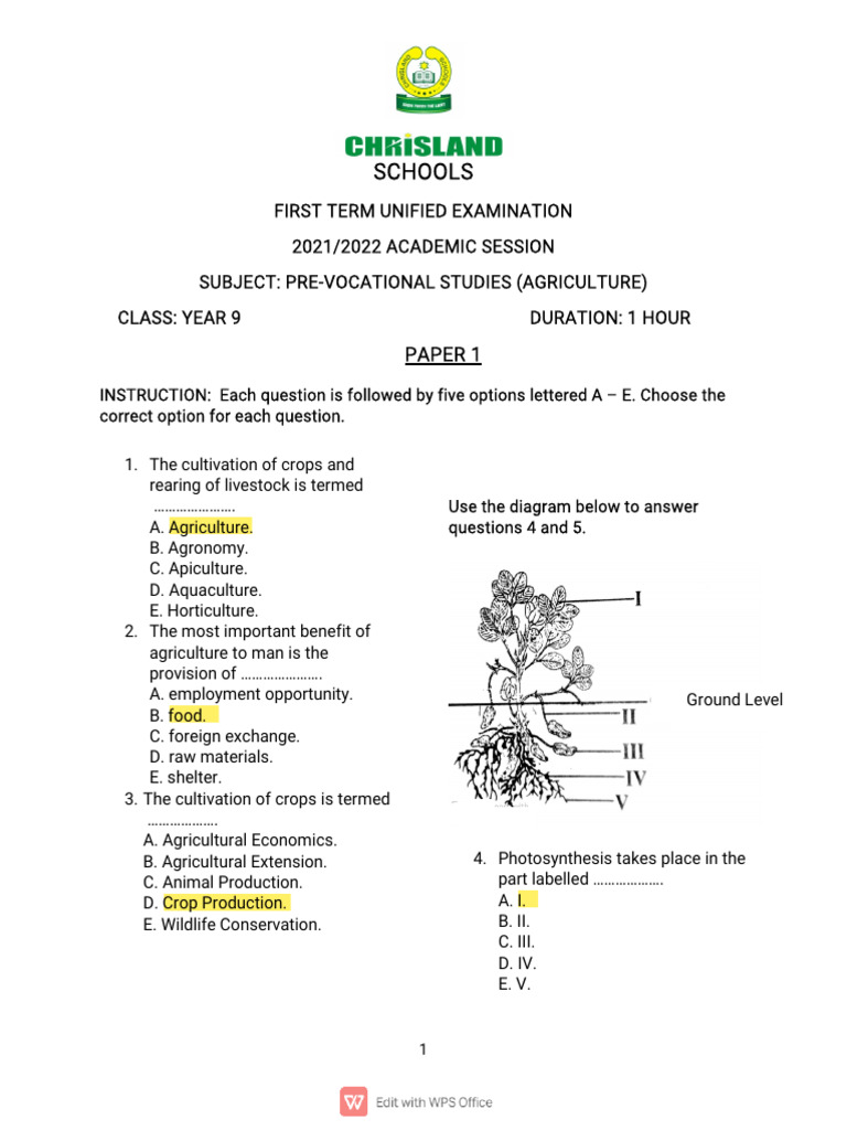 Agric Year 9 Mock 1 Paper 1 2021-2022 | PDF | Agriculture | Crops