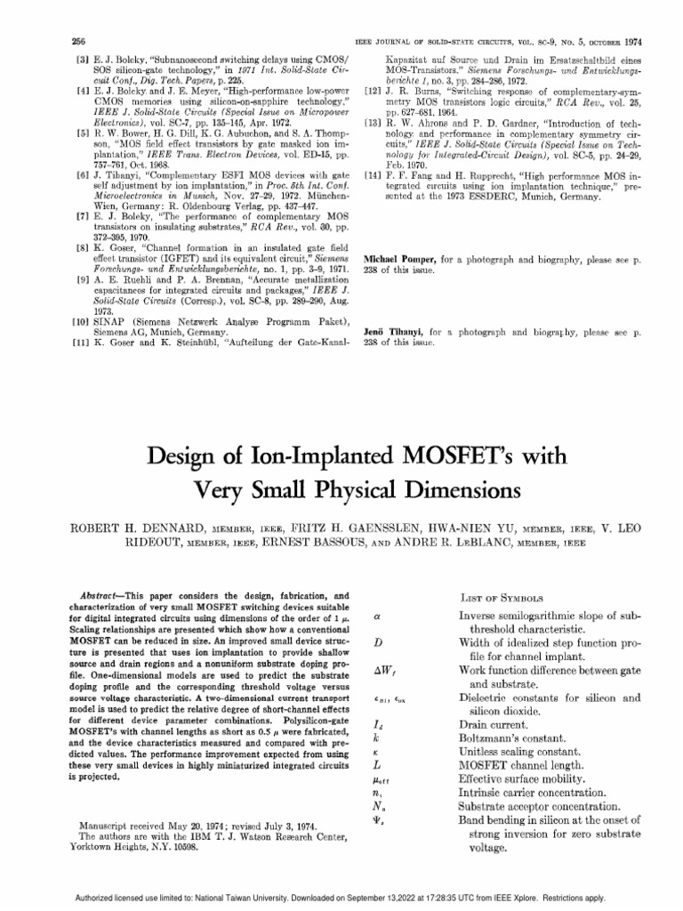 1974 Dennard Design of Ion-Implanted MOSFETs With Very Small Physical Dimensions | PDF | Field ...