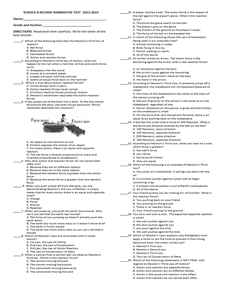 Q1 SCIENCE 8 SECOND SUMMATIVE TEST SY 2022-2023 | PDF | Force | Newton ...