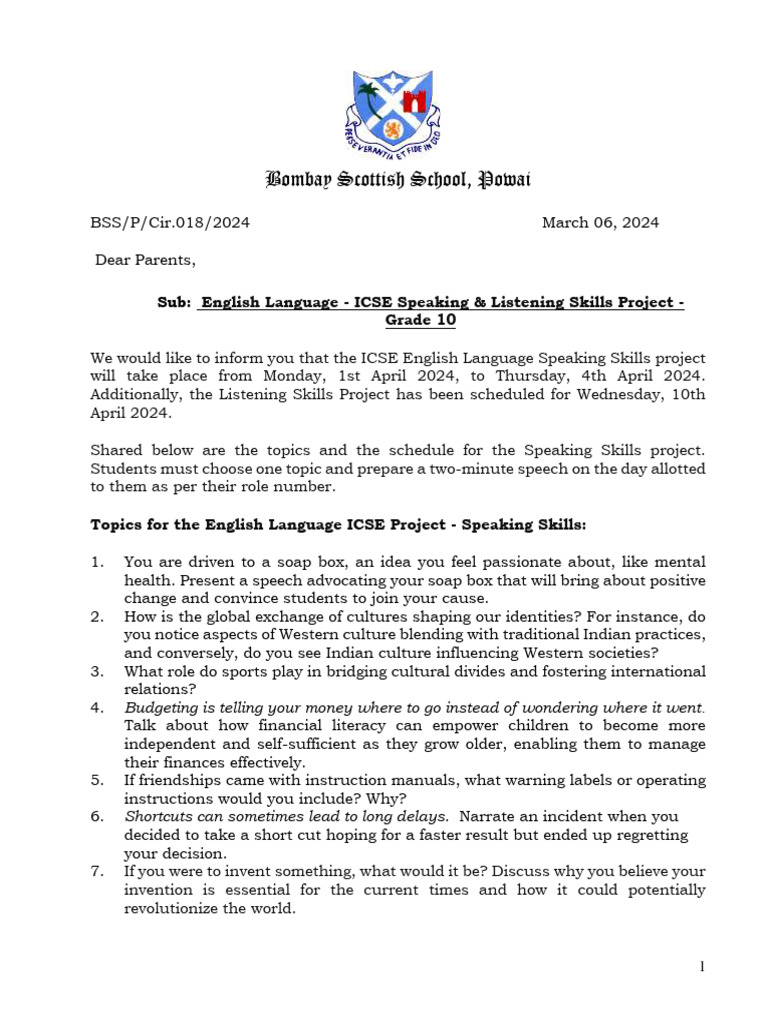 Circular 18 - ICSE English Language Project Grade 10 (2024-25) | PDF ...